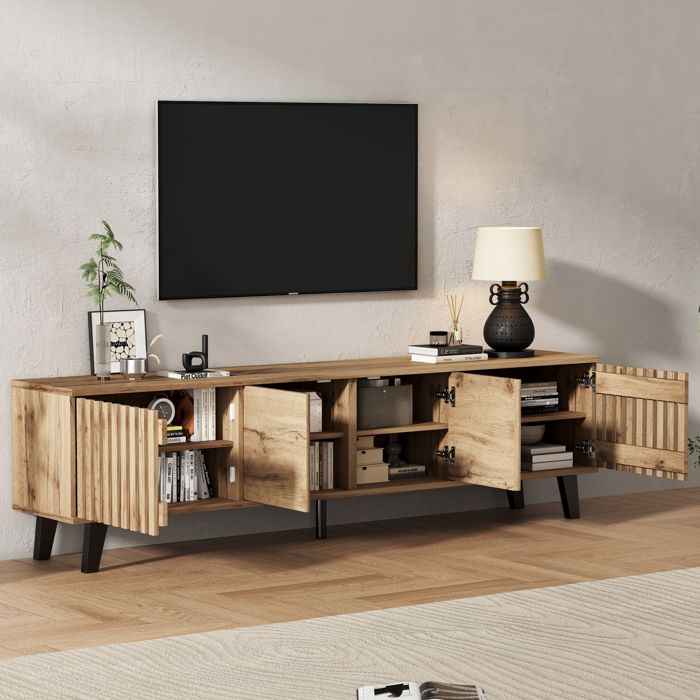 Meuble TV couleur bois naturel, design ajouré, 8 compartiments de ...