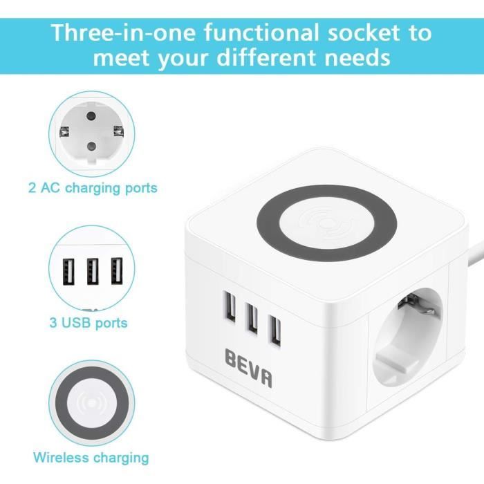Cube Multiprise Usb 2 Prises Avec 3 Usb 5V-2.4A Multiprise Electrique Avec Chargeur Sans Fil 10W ...