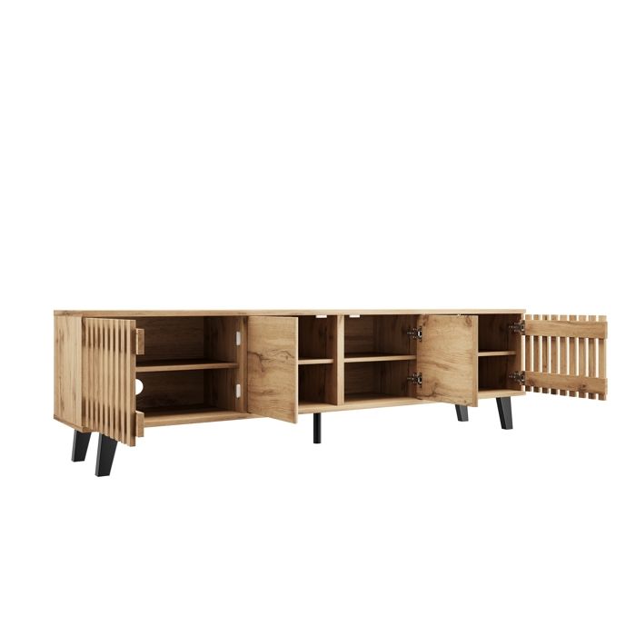 Meuble TV couleur bois naturel, design ajouré, 8 compartiments de ...