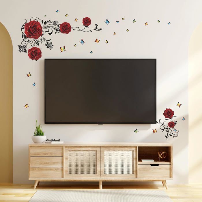 Stickers Muraux Roses Rouge Autocollants Muraux Fleurs de Roses Sticker ...