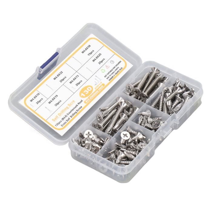 Vis cruciforme à tête plate - EJ.LIFE - M4.8 - 130PCS - Acier inoxydable - Auto-perceuses ...