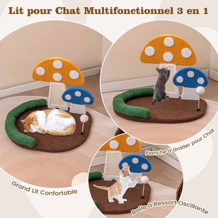 Lit pour Chat 3 en 1 COSTWAY, Forme de Champignon, Griffoir en Sisal ...