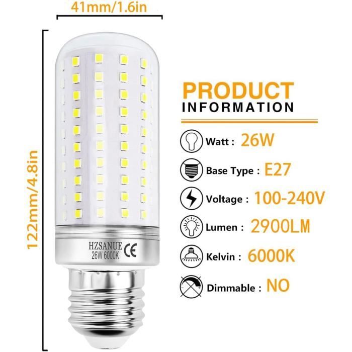Led Ampoule À Maïs 26W, 200W Équivalent Ampoules À Incandescence, E27 Edison Vis Ampoule, 6000K ...