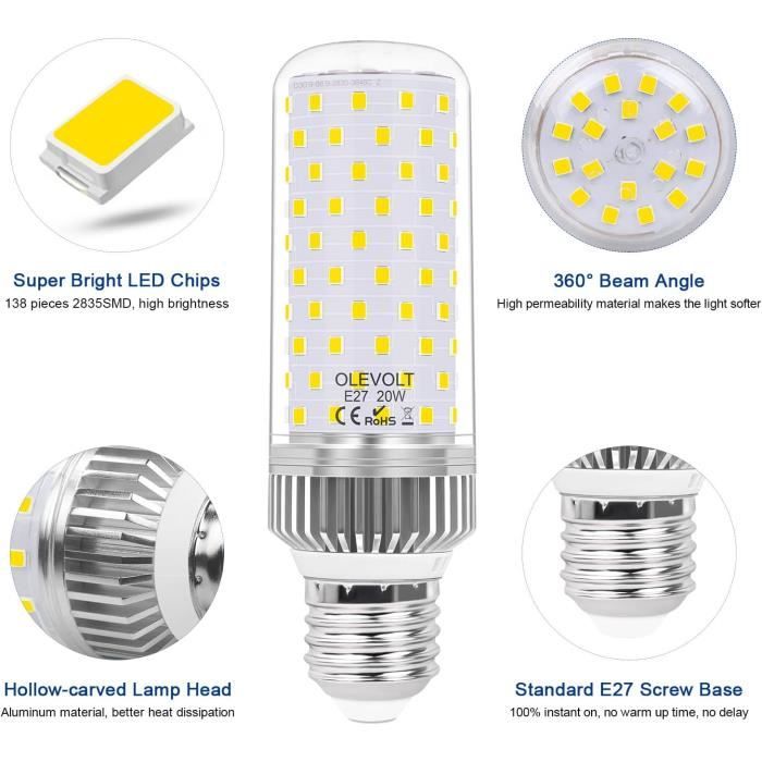 Ehskzjh Led Ampoule E27 Blanc Naturel 4000K Ampoules Maïs Led E27 2200Lm 20W Équivalent Halogène ...