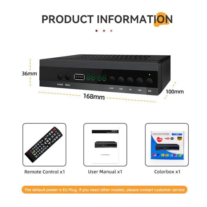 Récepteur-décodeur UVERBON Décodeur TV HD DVB-T2 Compatible pour chaines DVB-C-H.265-MPEG-2 ...