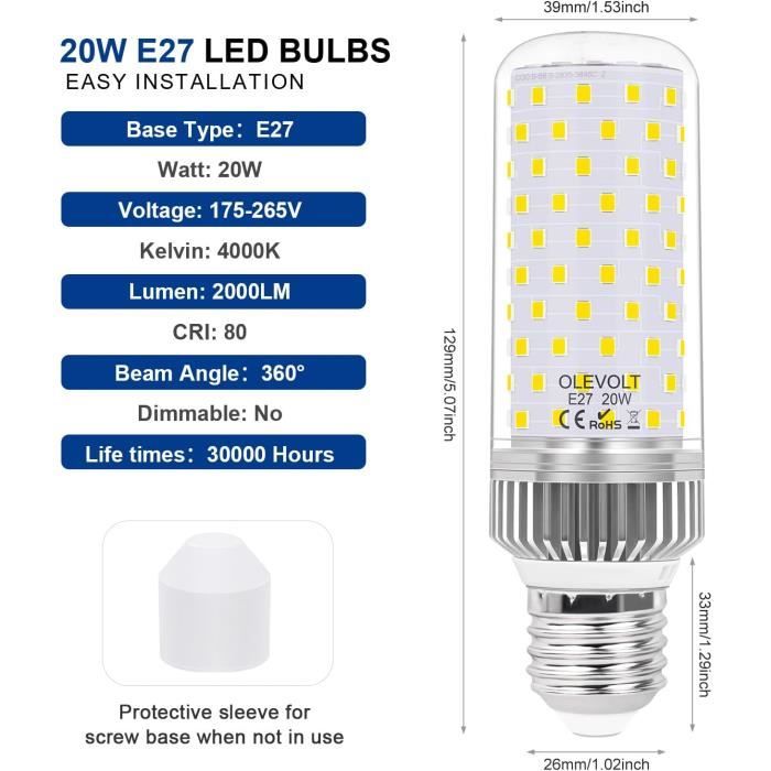 Ehskzjh Led Ampoule E27 Blanc Naturel 4000K Ampoules Maïs Led E27 2200Lm 20W Équivalent Halogène ...