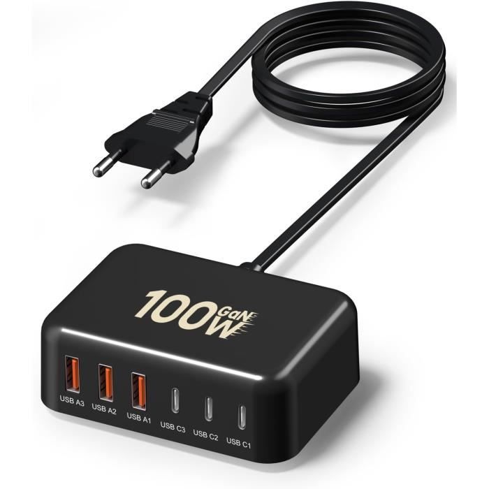 Chargeur USB C, 100W GaN 6-Port Chargeur Rapide avec Multiprise USB-C 3 ...