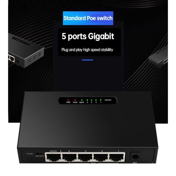 Commutateur Ethernet Gigabit POE avec fonction VLAN, 5 ports, non géré, 52V, 1,25 A, 10, 100 ...