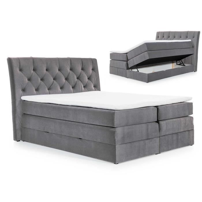 Lit boxspring 160x200 avec coffre de rangement en velours gris MIRANDA ...