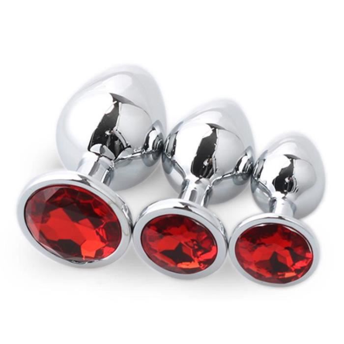 Plug Anal 3 Pièces En Acier Inoxydable Rouge Diamant Rond Jouet
