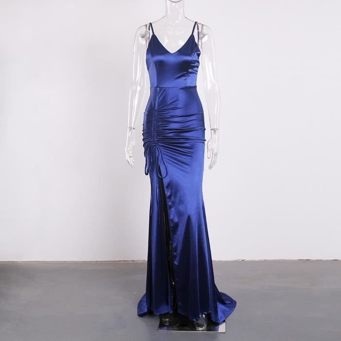 CRAZE Split Front Drawsting Long Strappy Satin Dress Backless Sleeves ...