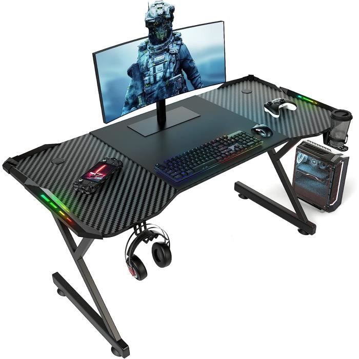 HLFURNIEU LED Bureau Gaming 120 × 60 cm, Bureau Gamer avec Plateau en ...