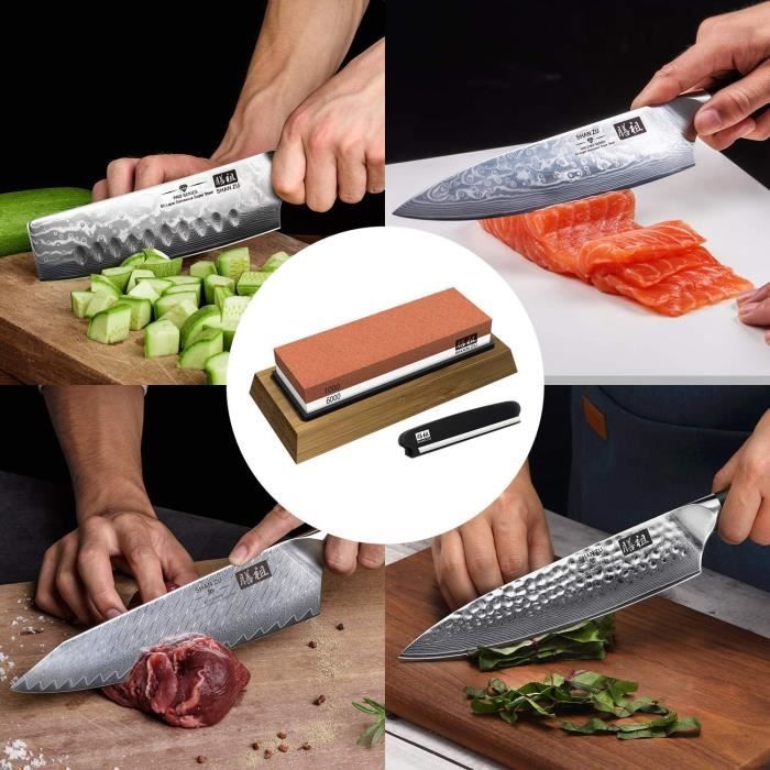 Pierre à Aiguiser 2 en 1 Aiguiseur Couteaux Pierre à Aiguiser Base en Bambou Antidérapante 1000 ...