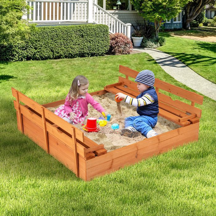 COSTWAY Bac à Sable Enfants Extérieur 125 × 118 × 42,5 CM - avec Bancs Pliableset Tapis de ...