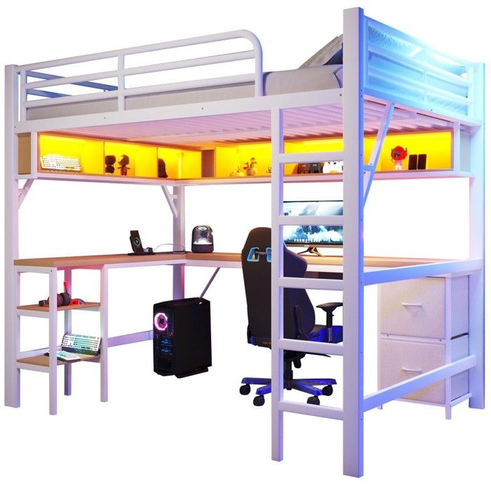 Lit Mezzanine Gamer Métal Blanc 140x200cm, Bibliothèque, Bureau ...