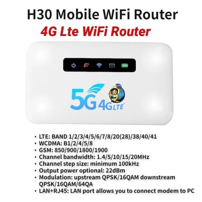 H30 4G - Routeur WiFi sans fil CAT4 de poche 5G-4G, 150Mbps, carte SIM, internet illimité pour ...