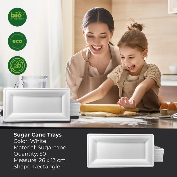50 Plateaux Rectangulaires Jetables En Papier De Canne À Sucre 26 X 13 ...