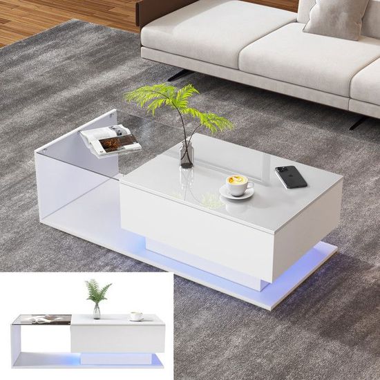 Table Basse High Tech Blanc Brillant - Verre Trempé Anti-Rayures, LED Appli & Tiroir, 100x50x32 ...