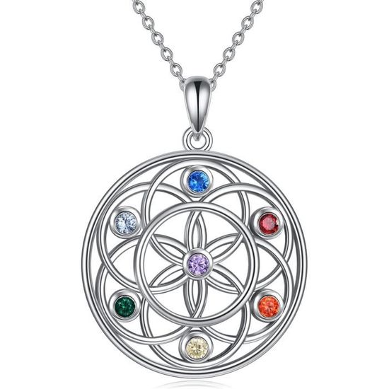 Collier 7 Chakra Argent Sterling Pendentif Arbre-Fleur De Vie Bijoux ...