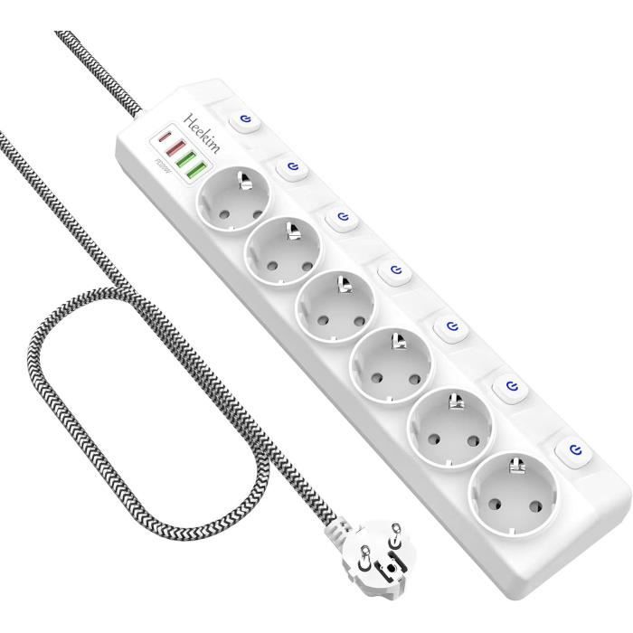 Multiprise 6 Prises, 7 Interrupteurs, 3 Ports USB-A et 1 Port USB-C ...
