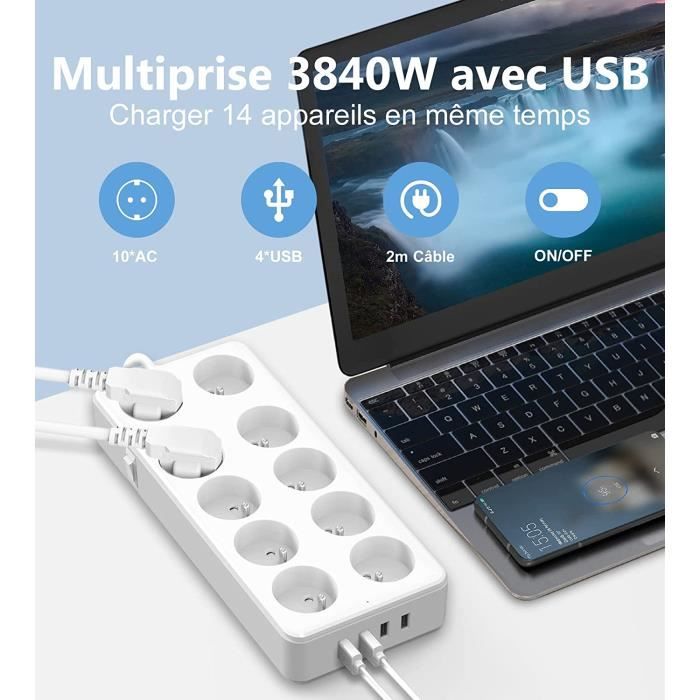 Multiprise USB, Bloc Multiprise Electrique 10 Prises et 4 Ports USB ...