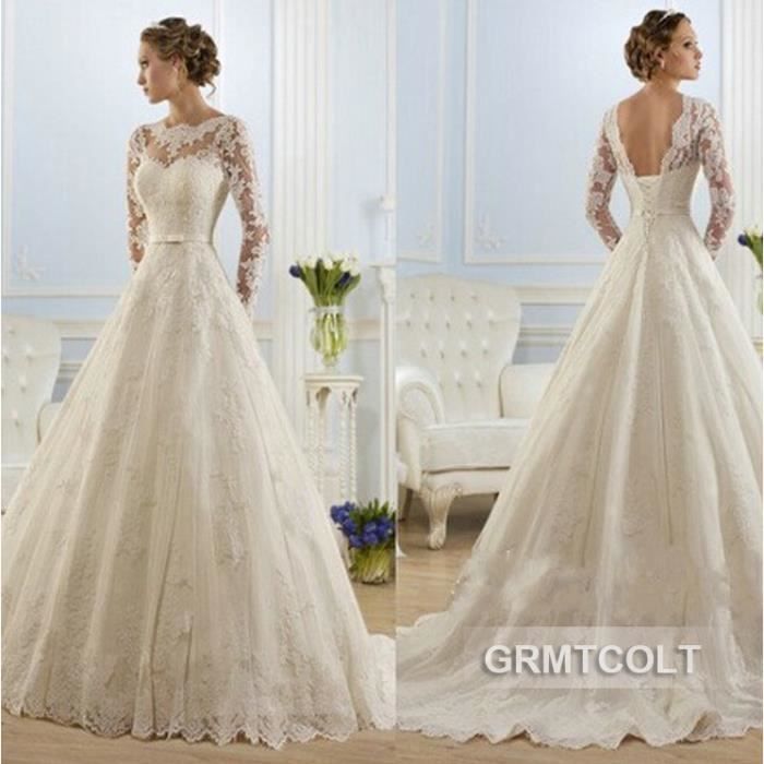 GRMTCOLT® Elégante Dentelle Dos Nu Manches Longues De Traîne Trailing ...