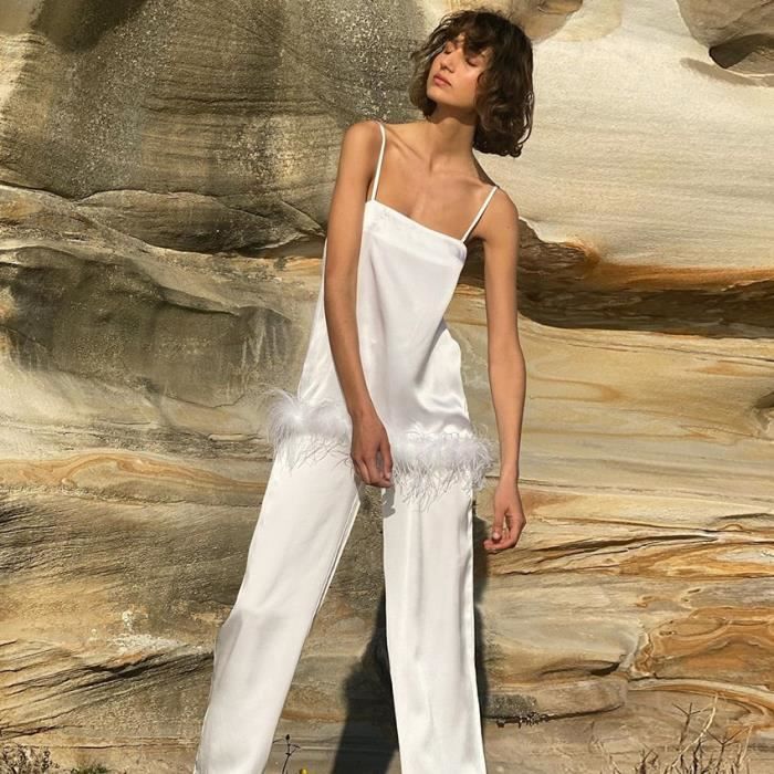 Pyjama en Satin Chic avec plumes pour femmes - White[D7342] Blanc ...