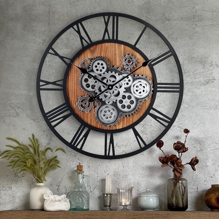 Horloge Murale Engrenages Mobiles Geante 57 Cm Noire Industrielle Bois ...
