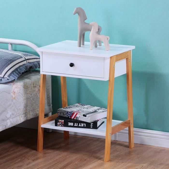 GOLDFAN Table de Chevet à 2 étages avec Tiroir en Bois de pin Basse de ...
