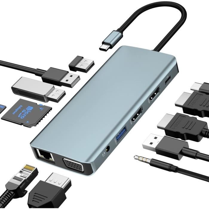 Station d'accueil USB-C, Concentrateur USB-C 12 en 1, Adaptateur Double HDMI+VGA , Station d ...