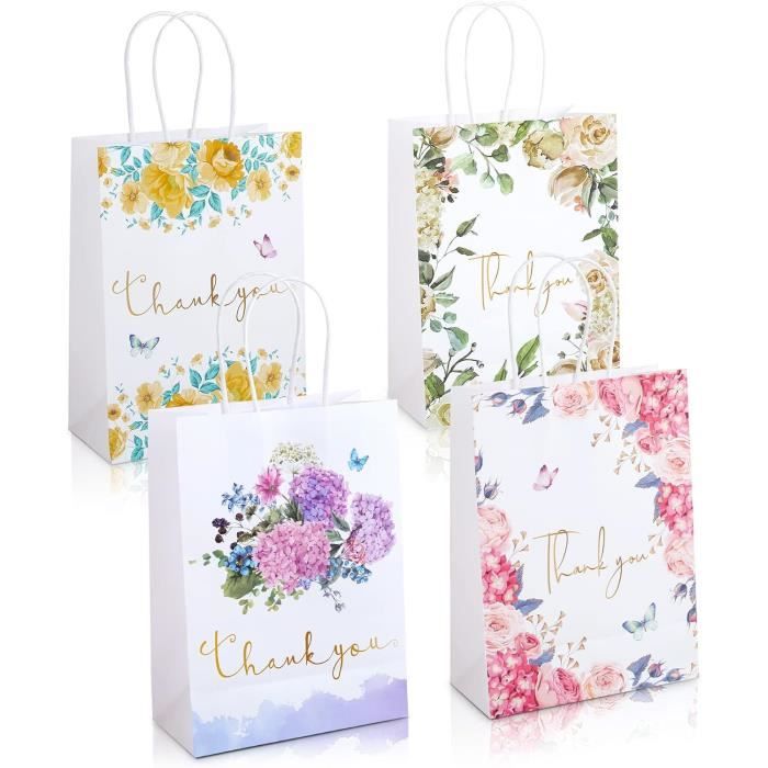 24 Pcs Sac Cadeau à Fleurs, Thank You Sachet en Papier avec Poignées ...