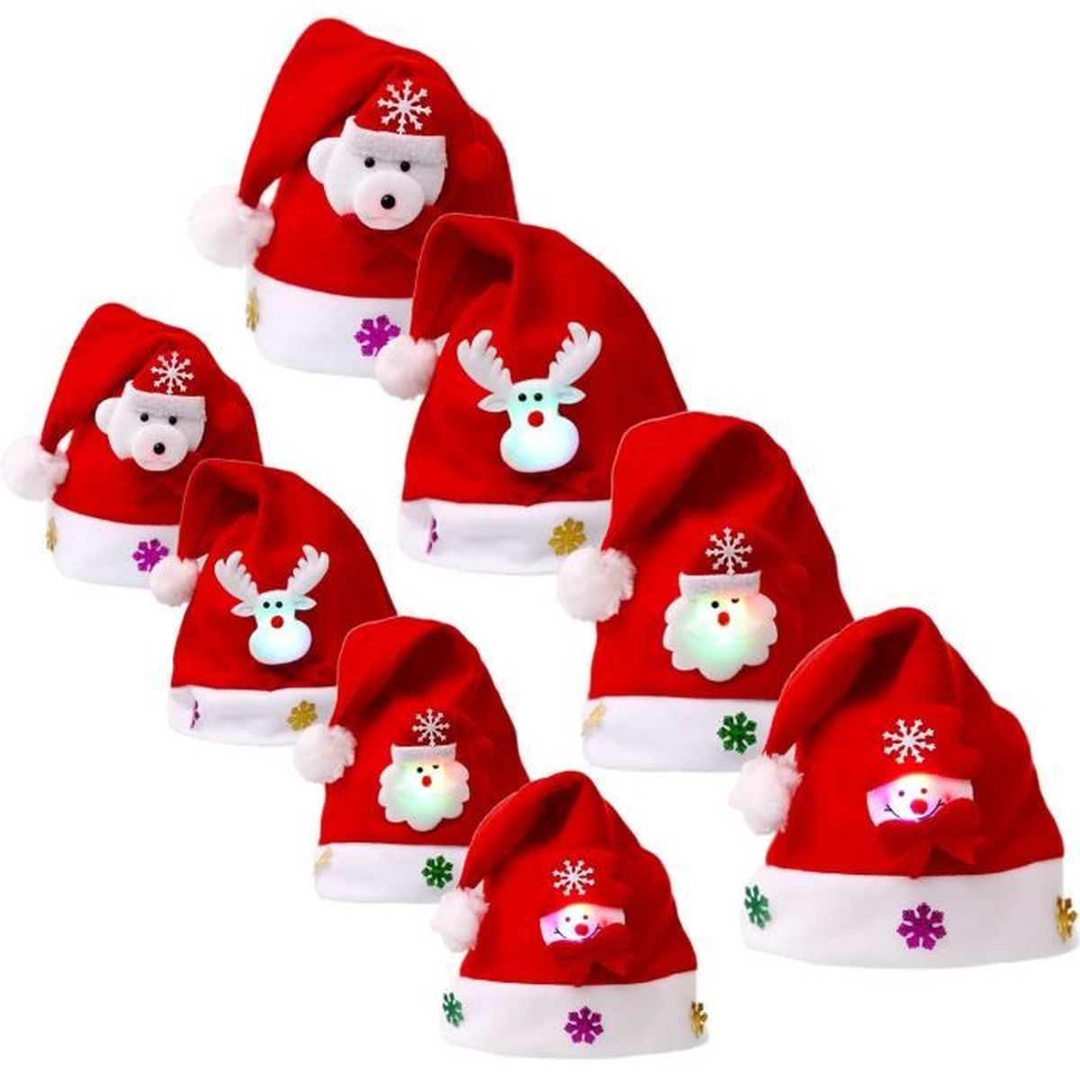8 Pièces Chapeaux De Noël Lumière LED Chapeau Santa Claus Renne ...