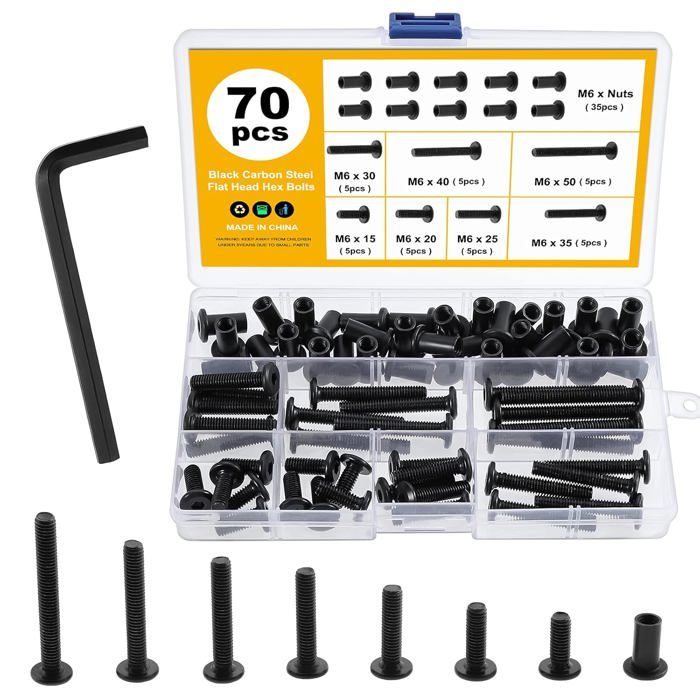 70 Pièces Vis d'Assemblage M6, 15/20/25/30/35/40/50mm Vis de Reliure M6 en Acier au Carbone, Vis ...