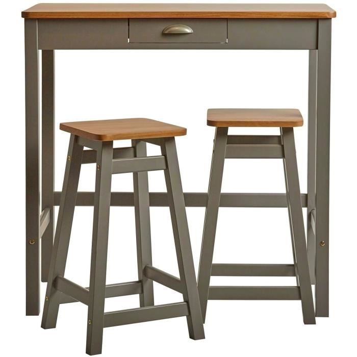 Set Table Bar + 2 Tabourets Décor chêne et gris - L 90 x P 45 x H 90 cm ...
