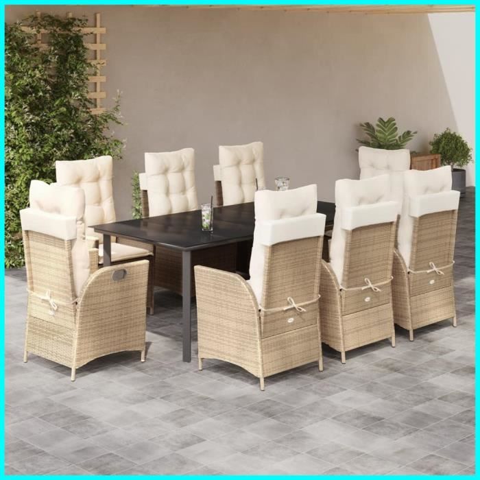 DXBK Ensemble à manger de jardin et coussins 9 pcs beige Poly rotin ...