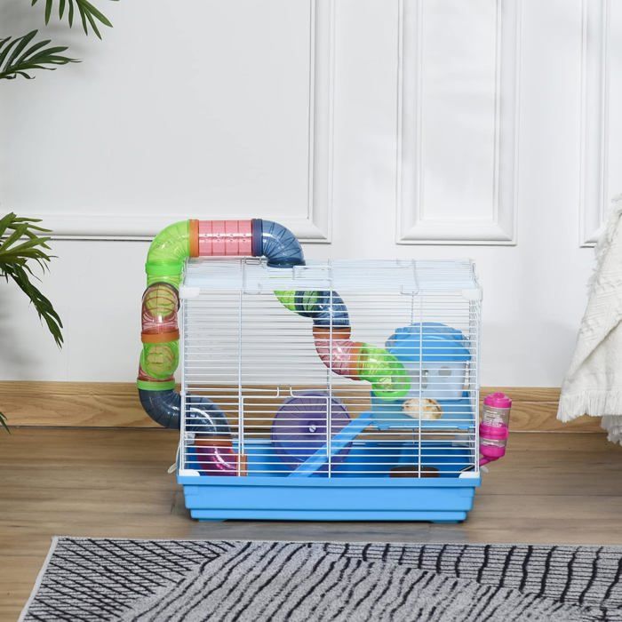 PawHut Cage pour Rongeur Hamster 2 Niveaux avec Tunnel, Bouteille d'eau ...