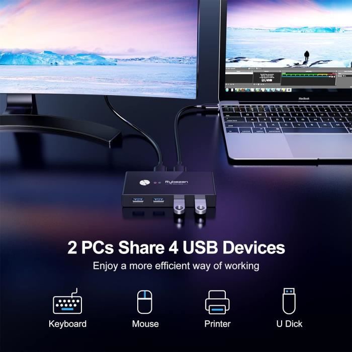 Switch Usb 3.0 Commutateur Kvm 4 Ports Pour 2 Pc,Haute Vitesse 5 Gbps ...