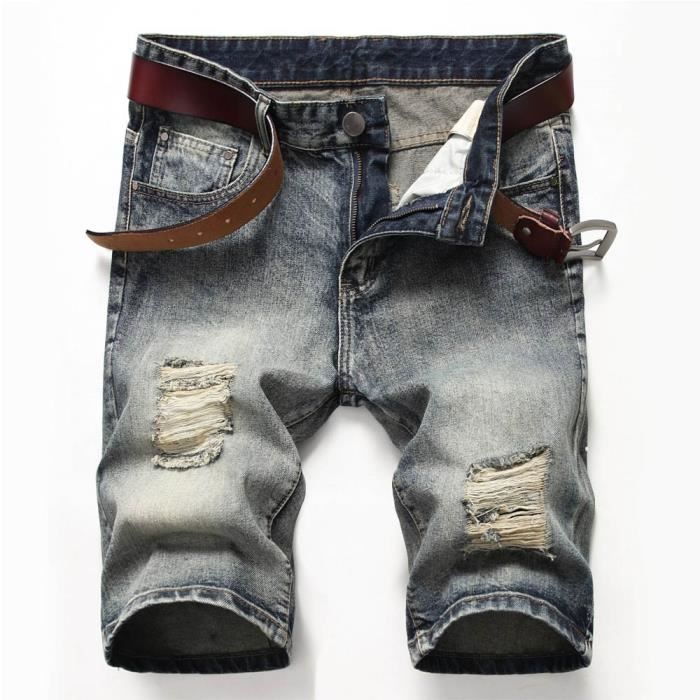Short homme en jean droit déchiré d'été Bleu délavé rétro vieilli Short ...