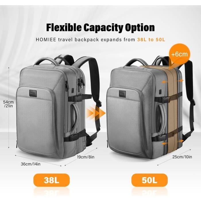 Sac À Dos Cabine 50L, Grand Sac À Dos Voyage Extensible Pour 17,3 ...