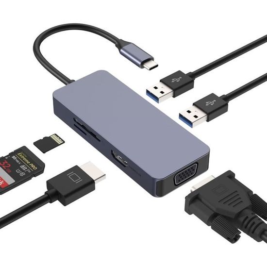 Hub USB C, 6 en 1 USB C Hub avec Sortie HDMI 4K, VGA, Lecteur de Carte SD-TF, 2 USB 3.0 ...