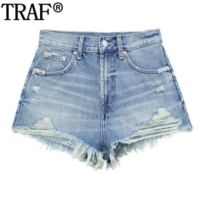 TRAF-Short en jean déchiré taille haute pour femme,short en jean bleu ...