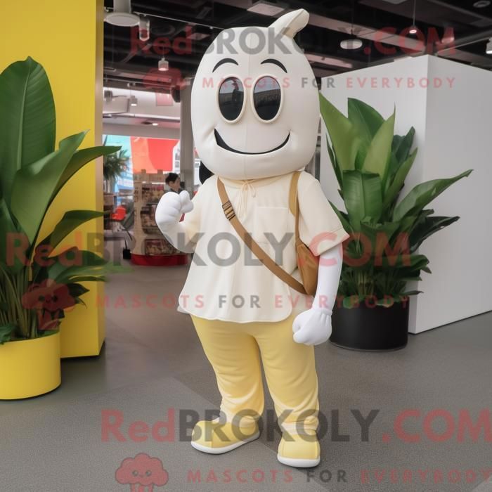 Mascotte de personnage de bae blanche habillé d un pantalon cargo et de ...