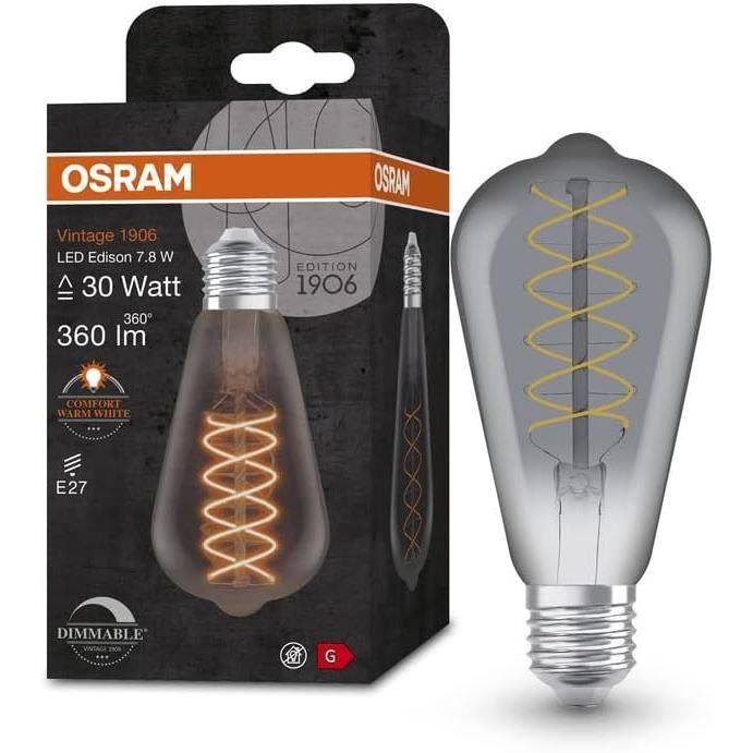 Osram Vintage 1906 Smoke Tinted Led Lamp, 7.8W, 360Lm, Edison Shape With 64Mm Diameter & E27 ...