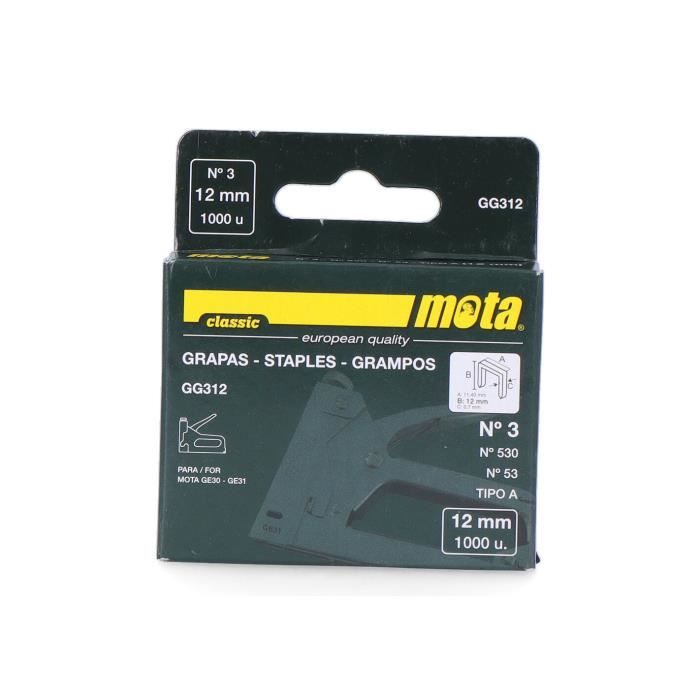 Agrafes - GENERIQUE - Numéro 3 - 12mm - 1000 Unit. - Gg312 Mota - Cdiscount Bricolage