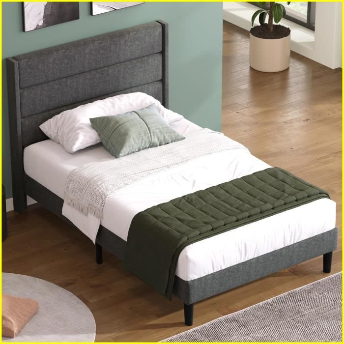 Cadre de lit - KEEN SO - 90 x 200 cm - Tête de lit capitonnée - Bois ...