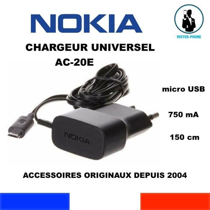 CHARGEUR ORIGINAL NOKIA AC-20E MICRO USB 750mAh E5 E7 E52 E55 N8 N85 ...