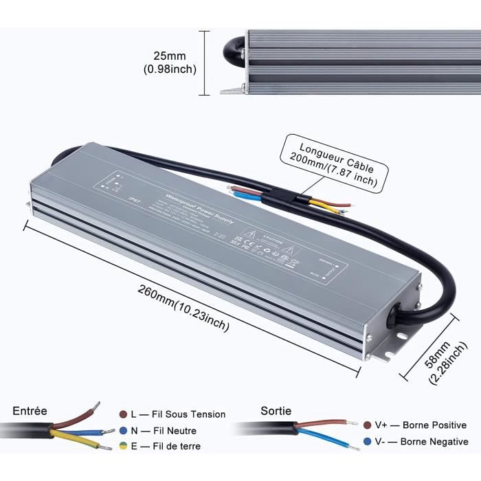 Transformateur 220v 12v Etanche, 150W IP67 Extérieur Driver LED, 12.5 Alimentation LED 12V ...