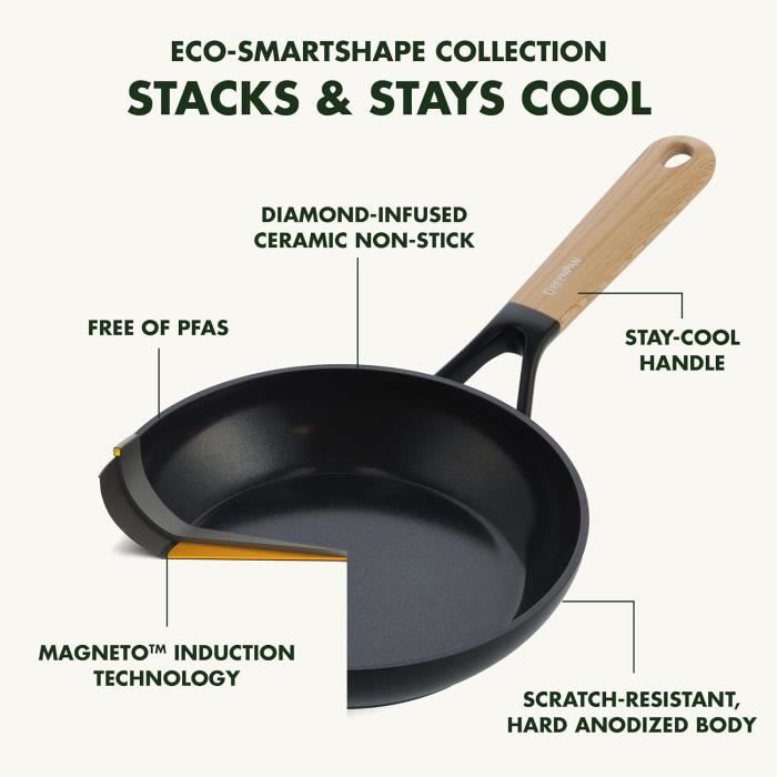 Eco-Smartshape Poêle Wok 28 Cm En Céramique Antiadhésive, Bois Clair, Sans Pfas, Convient À La ...