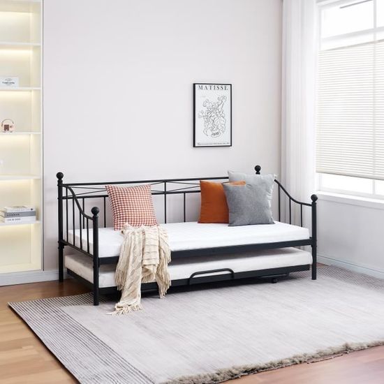 Lit banquette gigogne en métal noir - SILLIA - 90x190 cm - Extensible à ...
