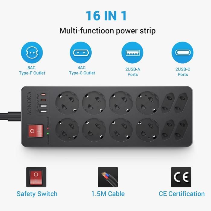 Multiprise Electrique Usb C 12 Prises, Multiprise Parafoudre Jusqu'À ...